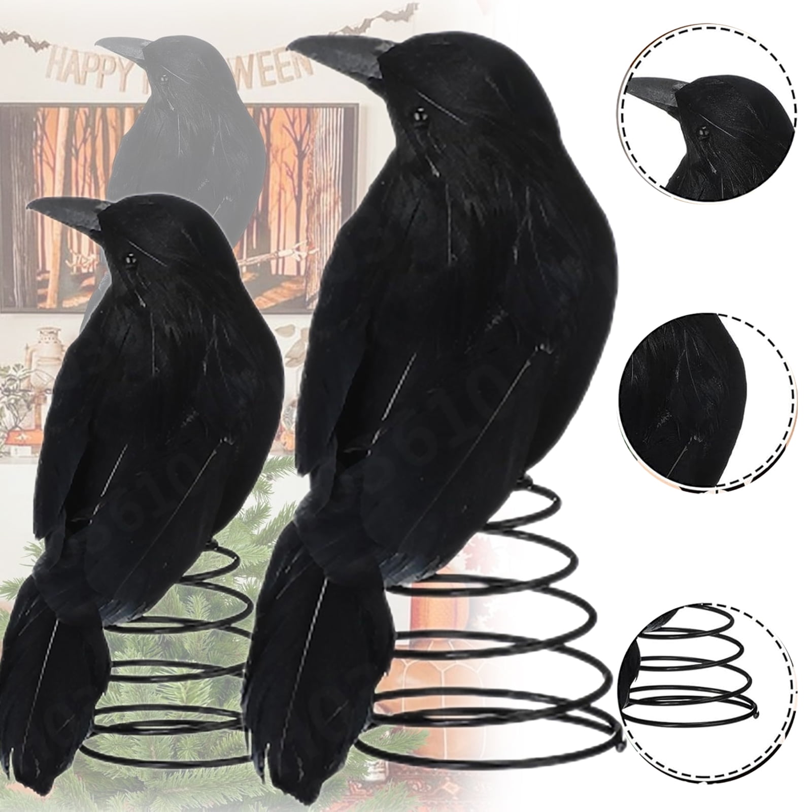 2pcs Halloween Tree Topper Black Crow Statue - Lifelike Raven Figurine ...