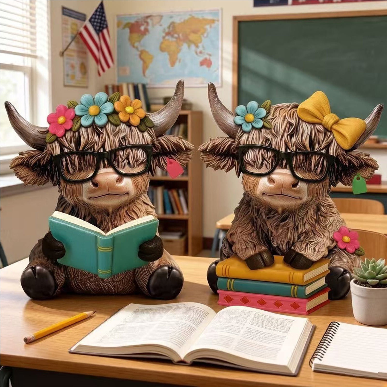 2pcs Handcrafted Solid Wood Highland Cattle Figurines with Natural ...