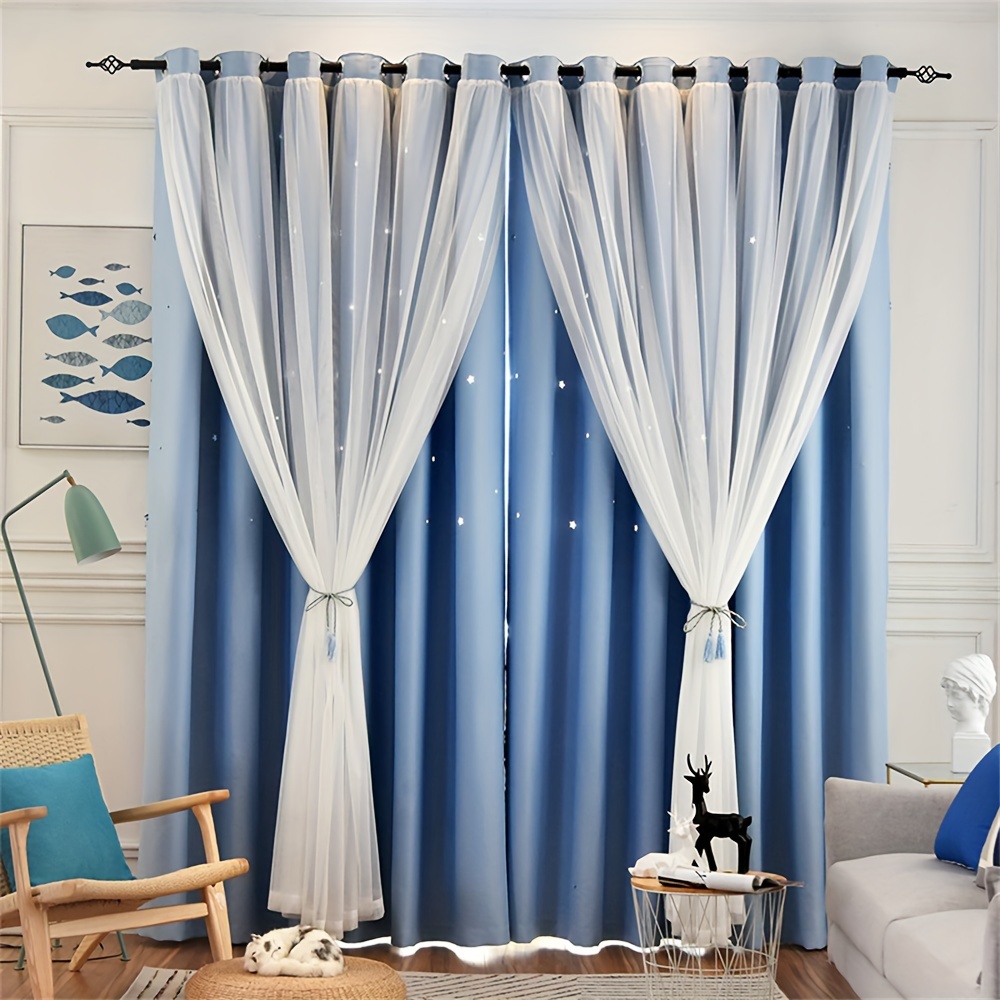 2pcs High Shading Hollow Star Double Curtains, Solid Color High Shading ...