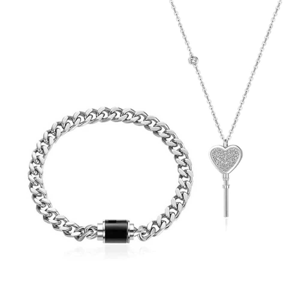 2pcs His and Hers Matching Couple Bracelet Necklace Set Stainless Steel ...