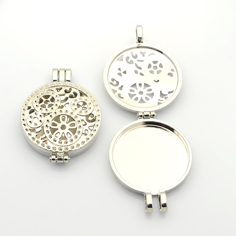 2pcs Hollow Flat Round Photo Frames Alloy Diffuser Locket Pendants Tray ...
