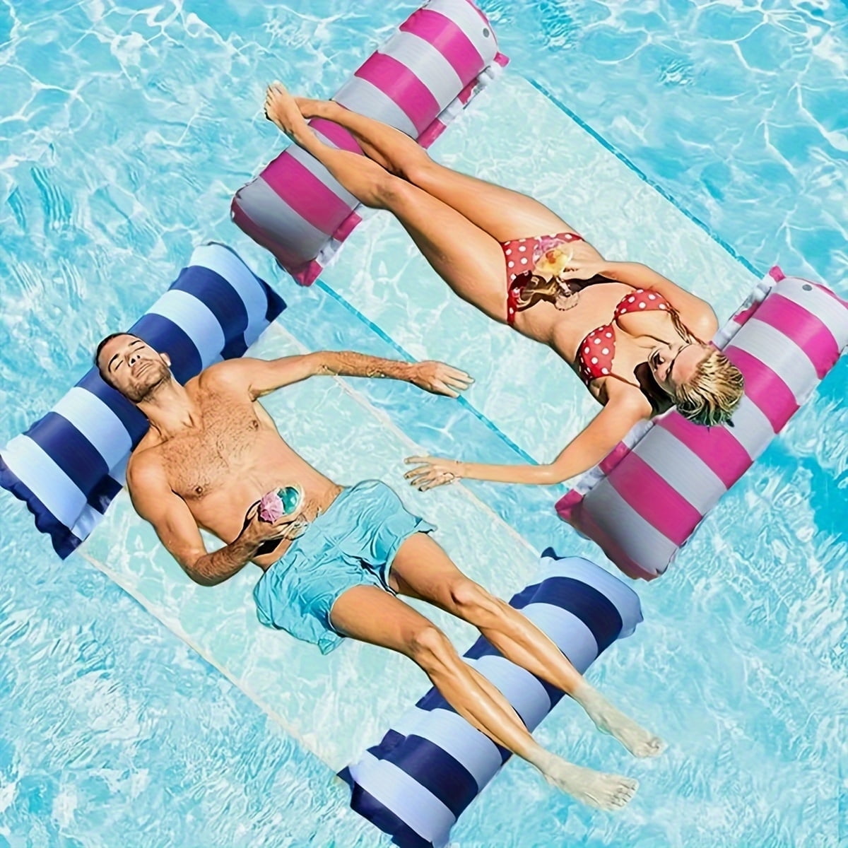 2pcs Inflatable Swim Floats, Foldable Striped Pool Lounger for Adults, PVC Material, Ideal for ...