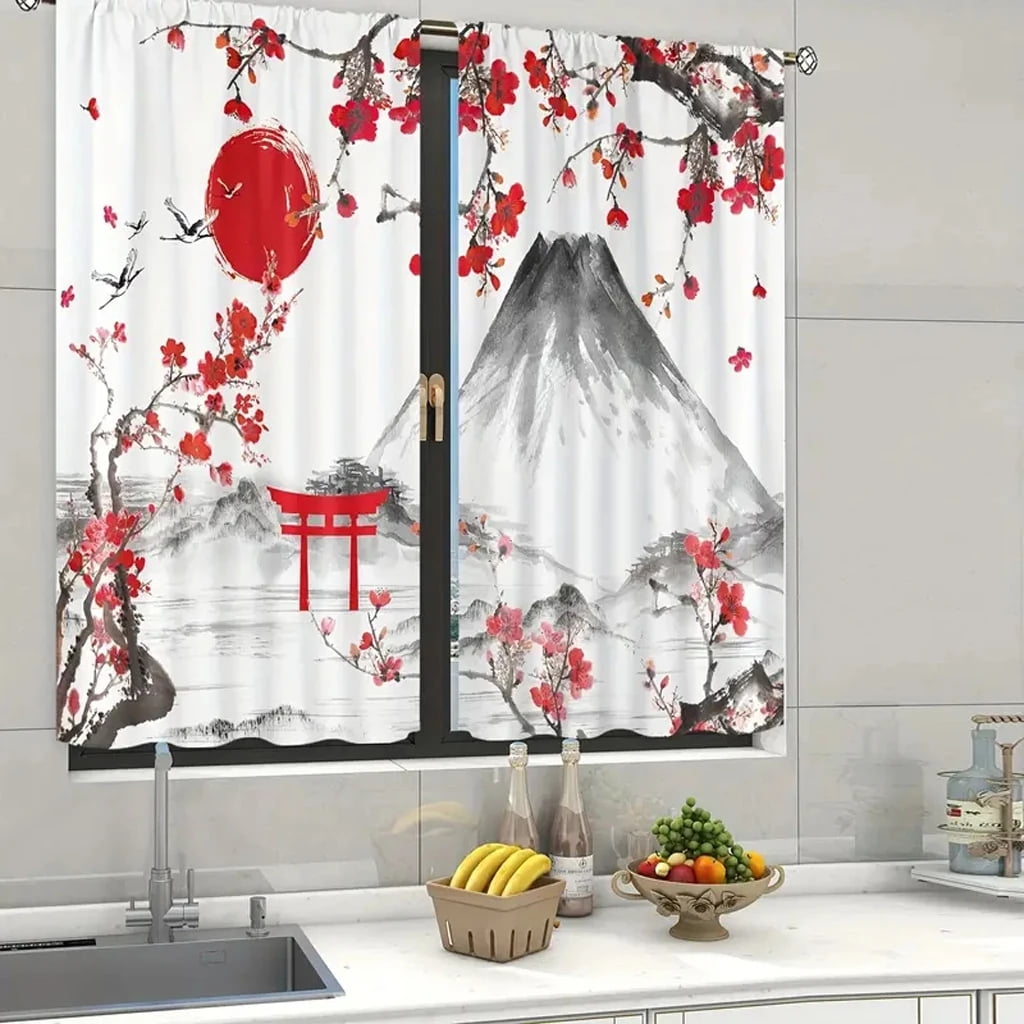 2pcs Japanese Cherry Blossom Moon Minimalist Curtains for Living Room ...