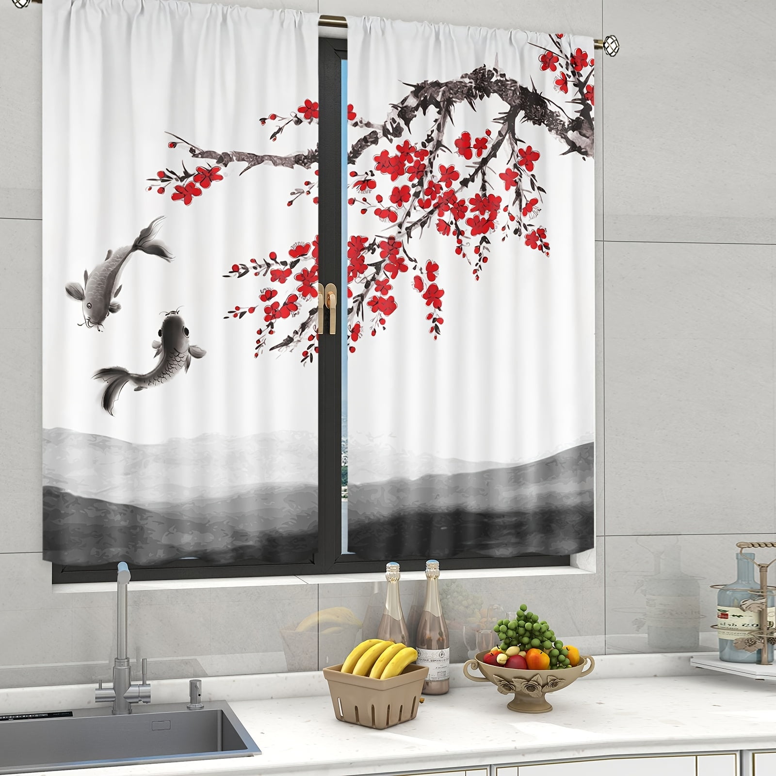 2pcs Japanese Cherry Blossom Moon Minimalist Curtains for Living Room ...