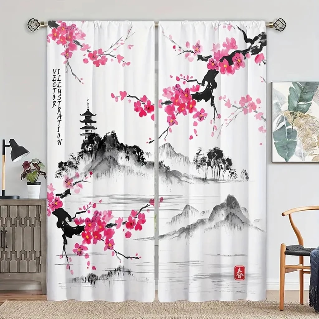 2pcs Japanese Cherry Blossom Moon Minimalist Curtains for Living Room ...