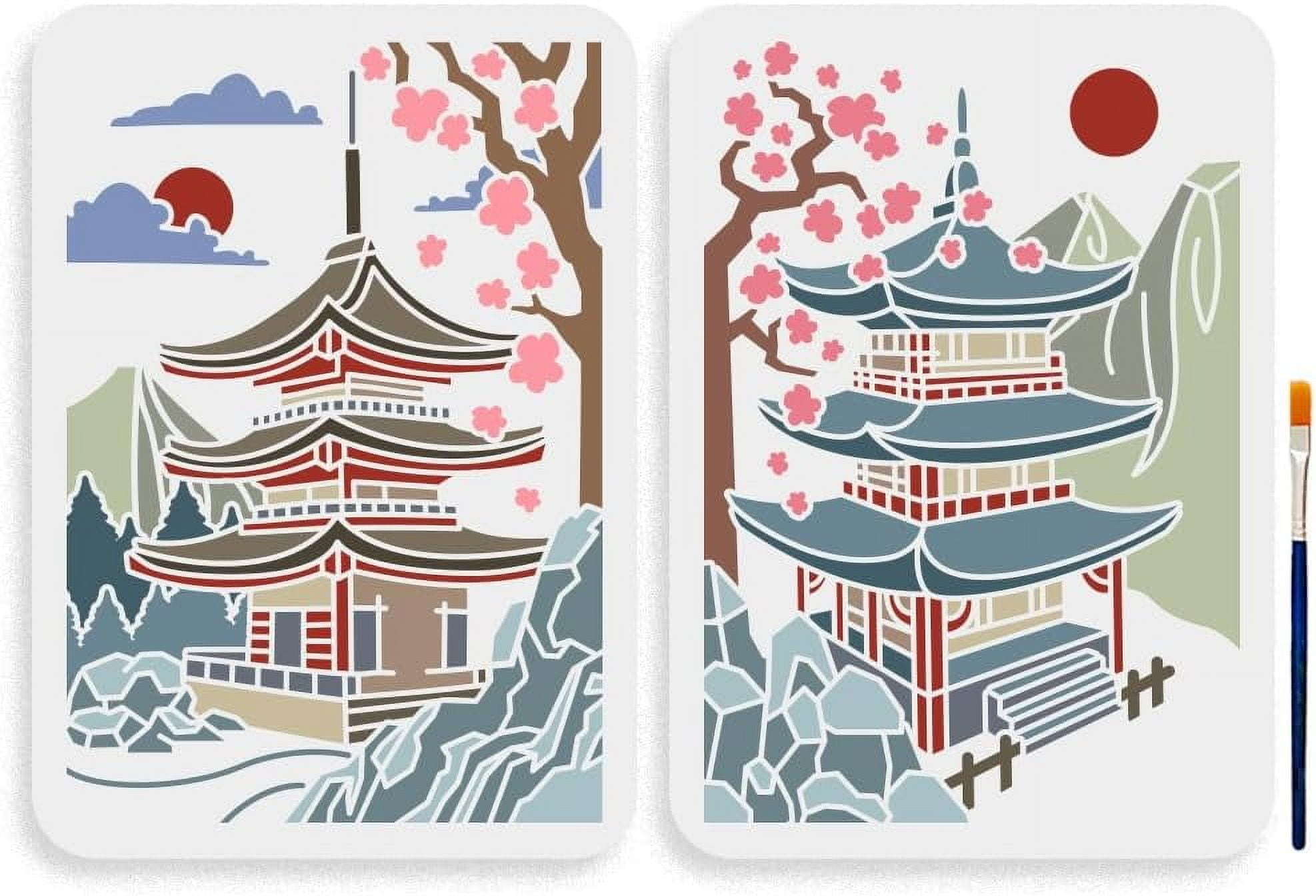 2pcs Japanese Zen Temple Stencil 11.7×8.3inch Large Japanese Style ...