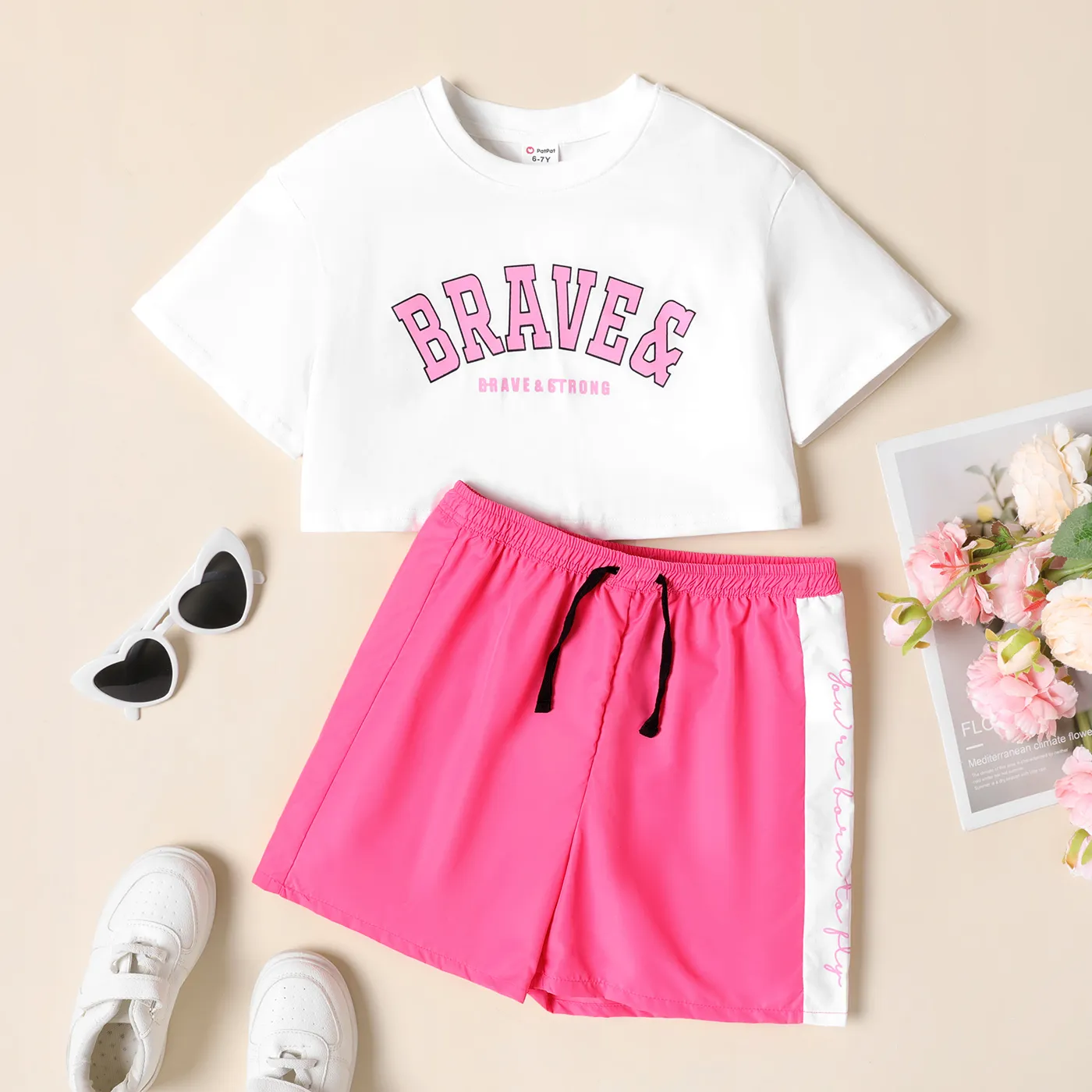 2pcs Kid Girl Letter Print Short-sleeve Tee and Drawstring Shorts Set ...