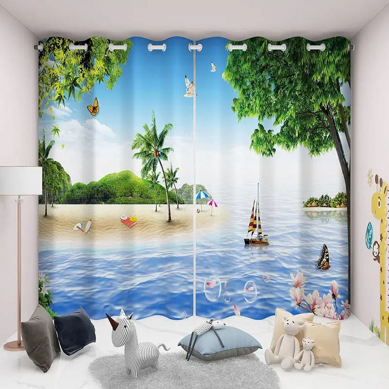 2pcs Landscape Sea Beach Seagull Printed Curtains Rod Pocket Design ...