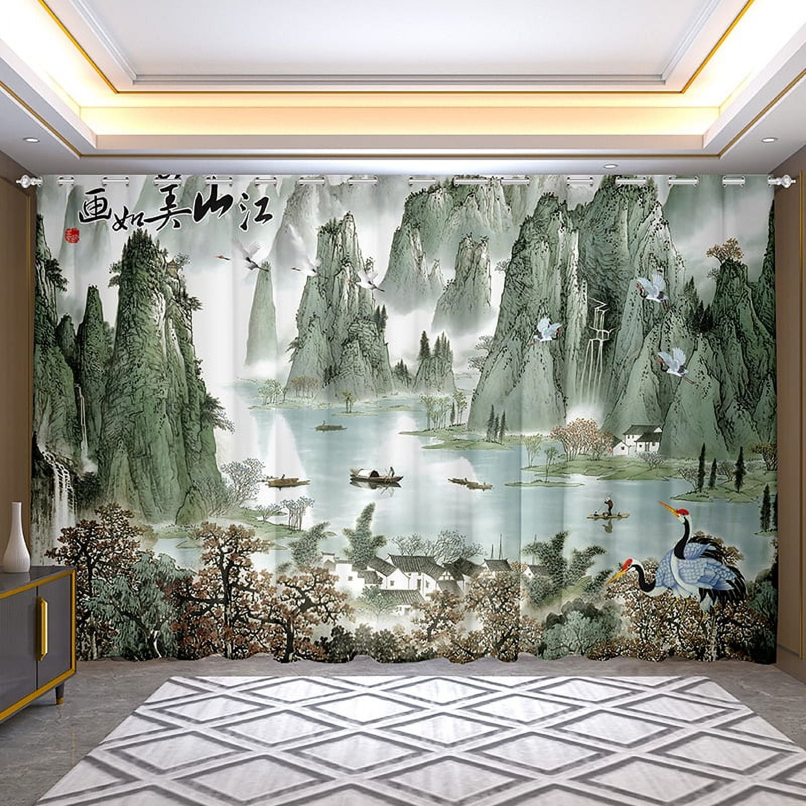 2pcs Landscape Semi-blackout Custom Curtain for Living Room Bedroom ...