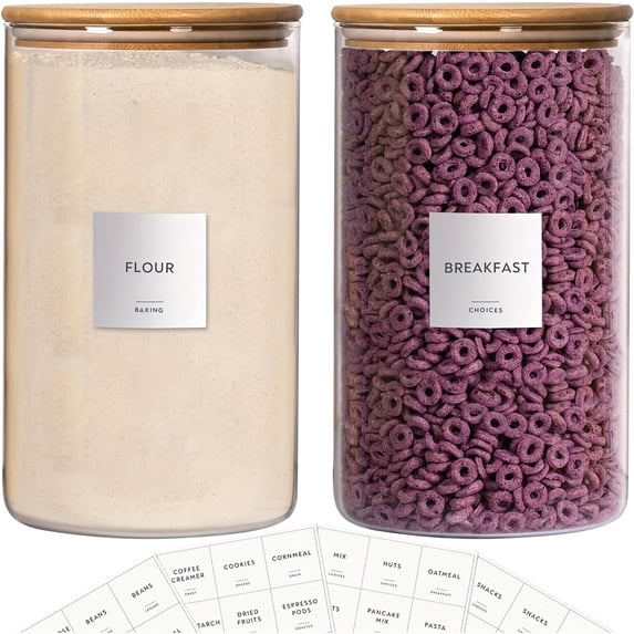 2pcs Large Glass Jar Canisters with Printed Labels, 73oz/101oz/136oz ...
