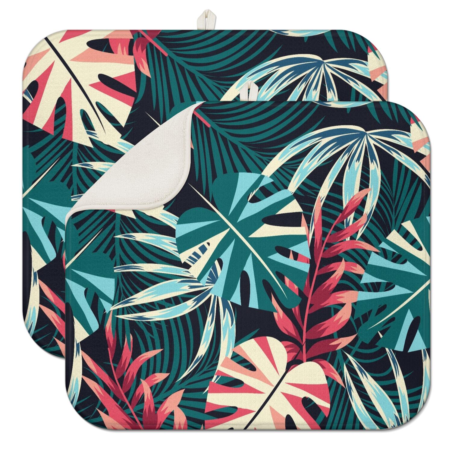 2pcs Leafy Tropical Dish Drying Mat Super Absorbent Microfiber ...