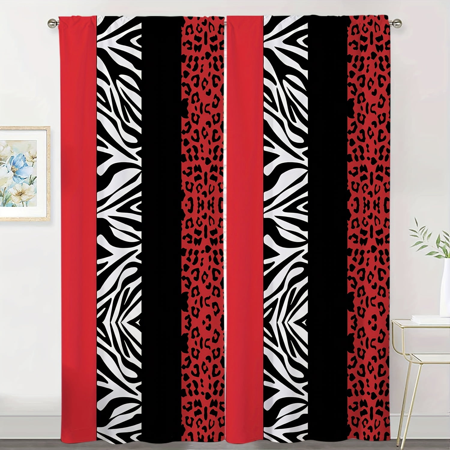 2pcs Leopard Bow Printed Translucent Curtains Polyester Rod Pocket ...