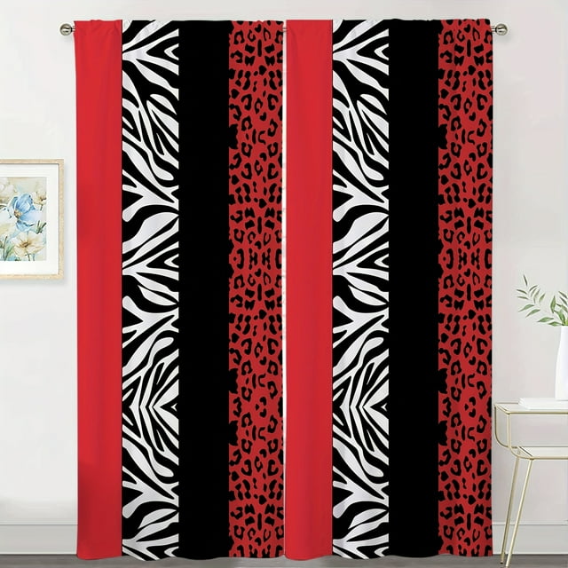 2pcs Leopard Bow Printed Translucent Curtains Polyester Rod Pocket ...