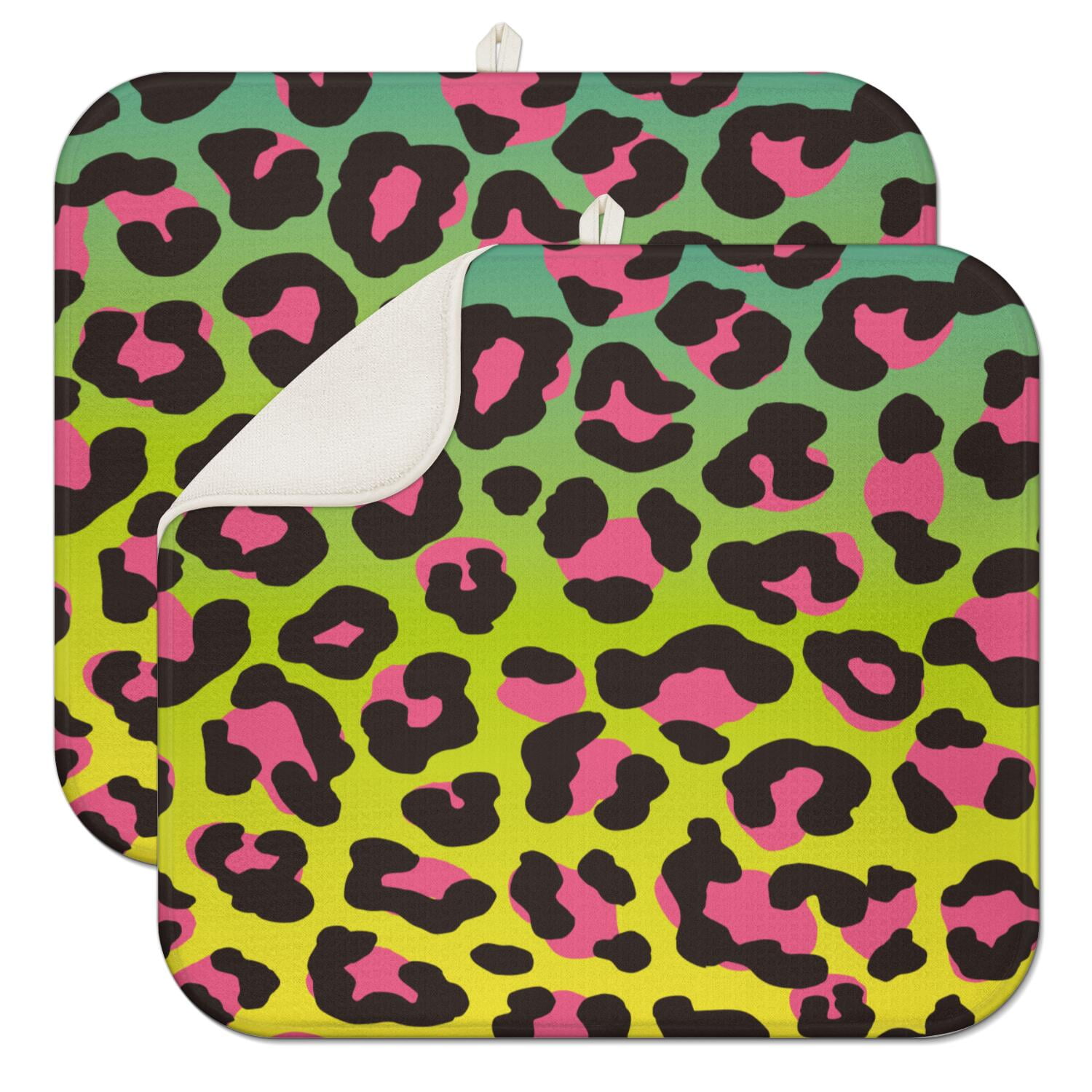 2pcs Leopard Print Kitchen Drying Mat Super Absorbent Microfiber Dish ...
