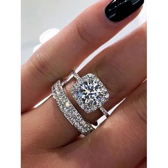2pcs Luxurious Cubic Zirconia Ring Set In Silvertone, For Women ...