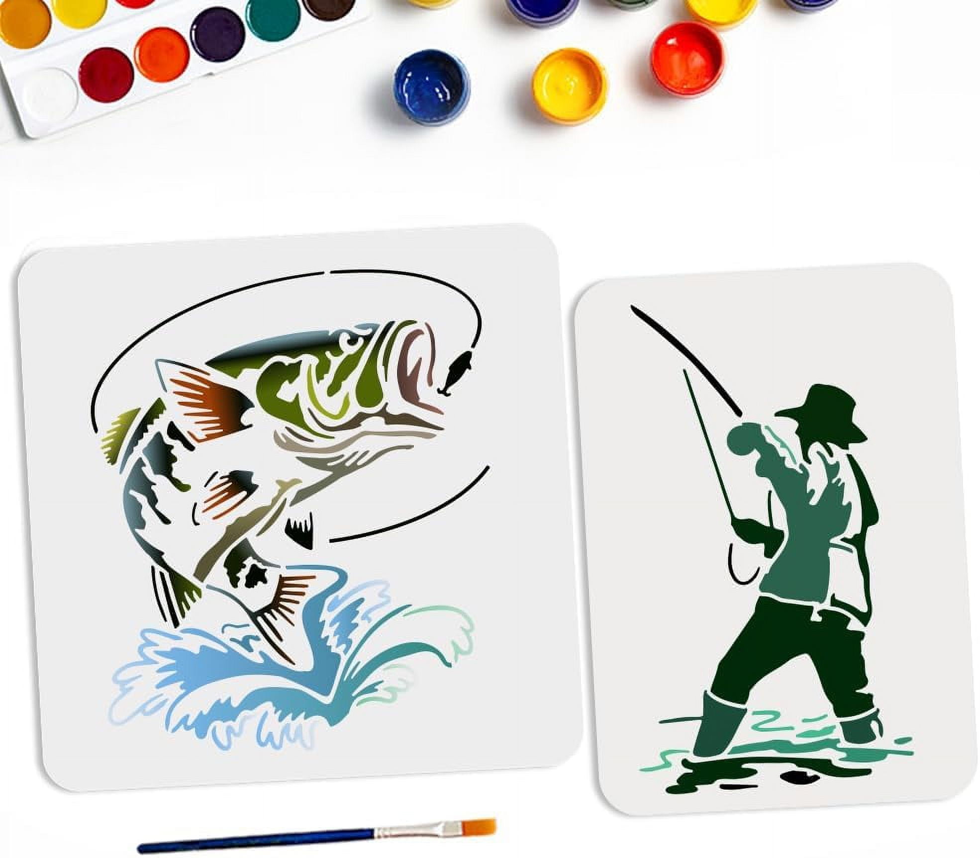 2pcs Man Fishing Stencil 11.8×11.8/11.7×8.3inch Summer Fish Stencil ...