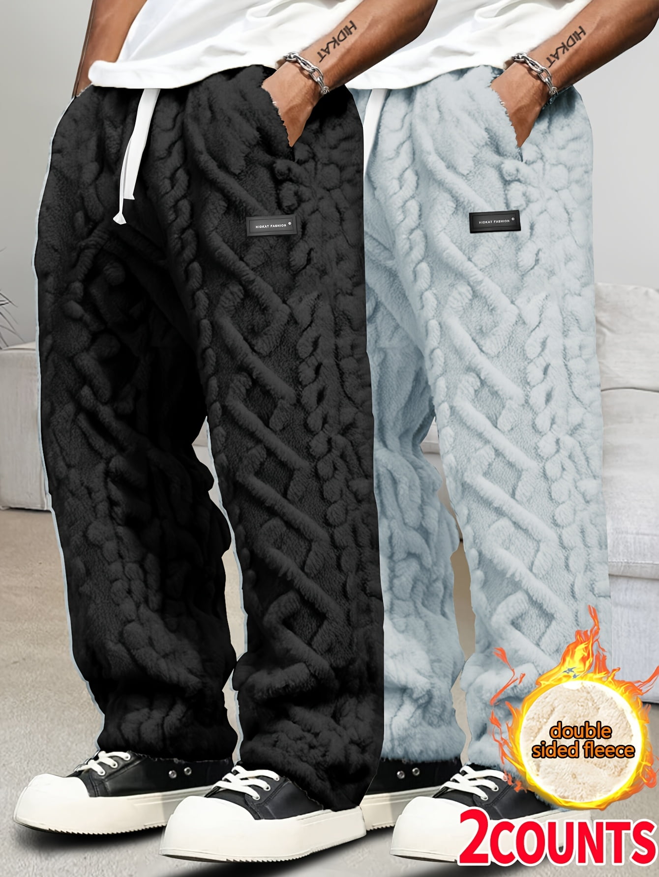 2pcs Men's Winter Thermal Trousers - Heavy-Duty Texture Pants with Mid ...