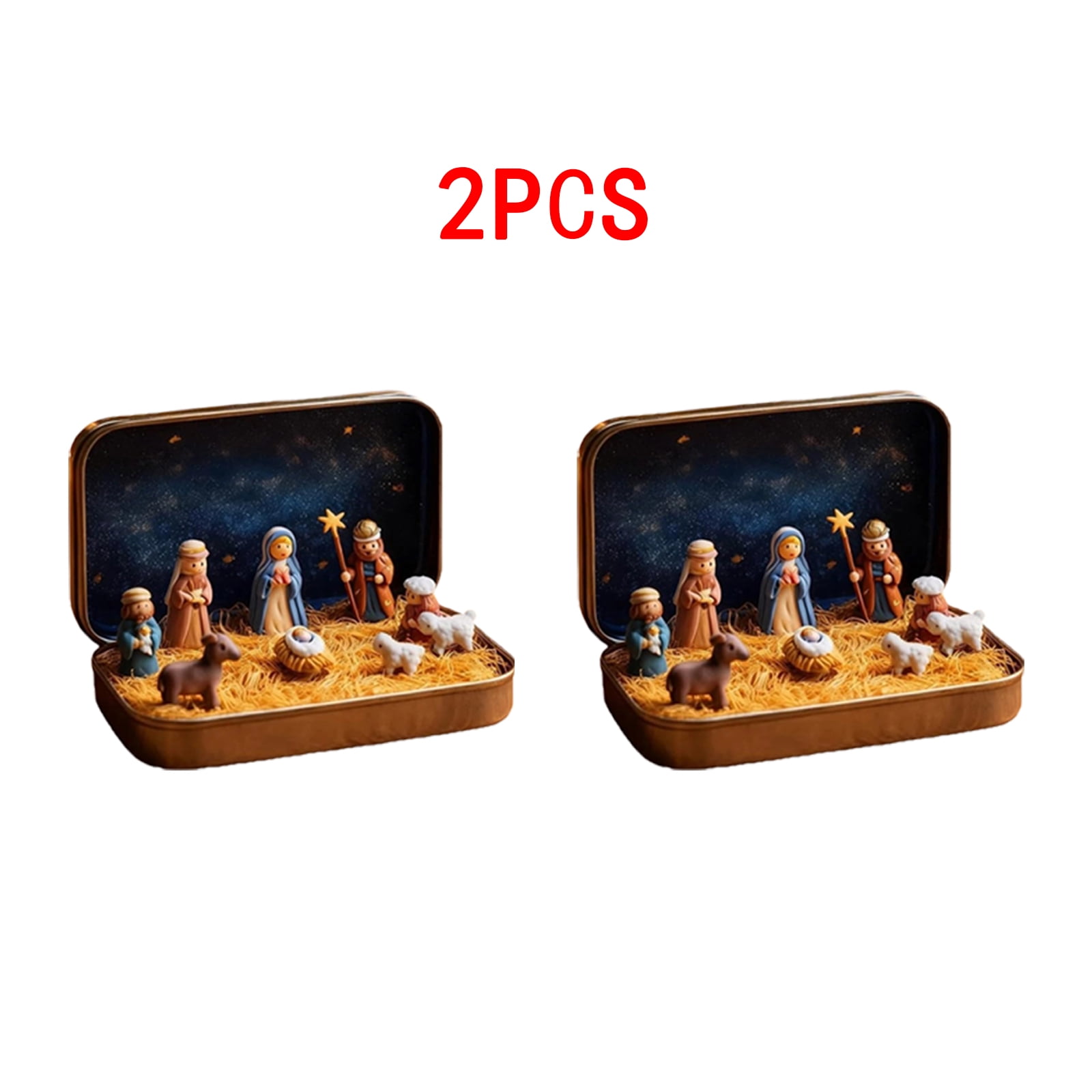 2pcs Mini Christmas Nativity Set in Tin Box - Holy Family Figurines ...