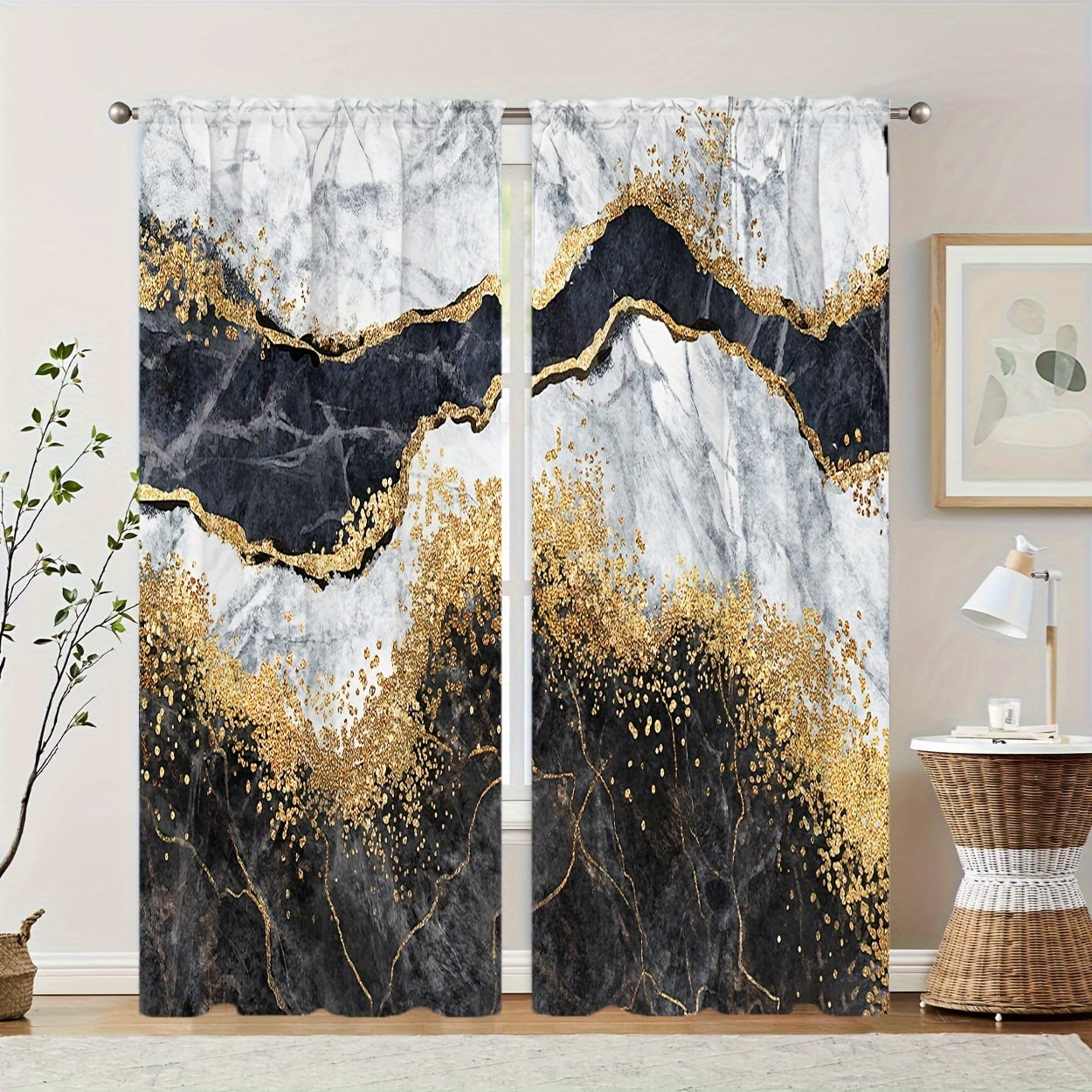 2pcs Modern Abstract Art Gray Golden Marble Printed Window Curtain For ...