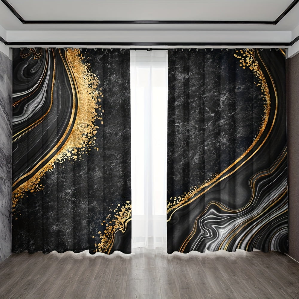 2pcs Modern Abstract Art Gray Golden Marble Printed Window Curtain For ...