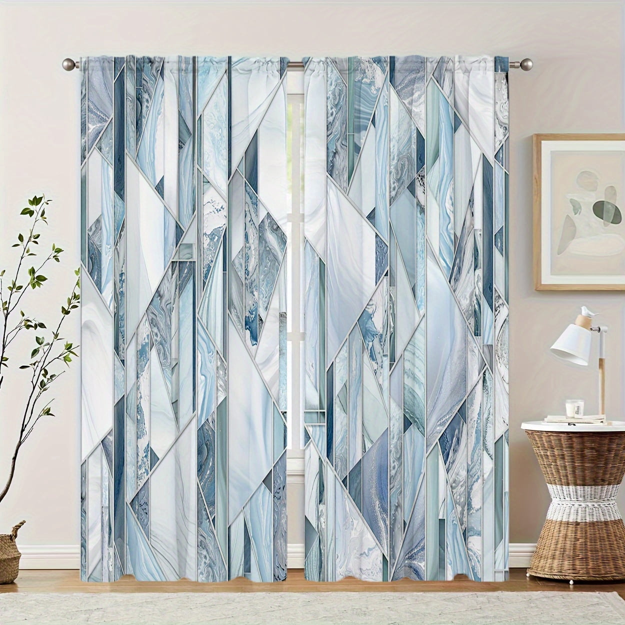 2pcs Modern Abstract Art Gray Golden Marble Printed Window Curtain For ...