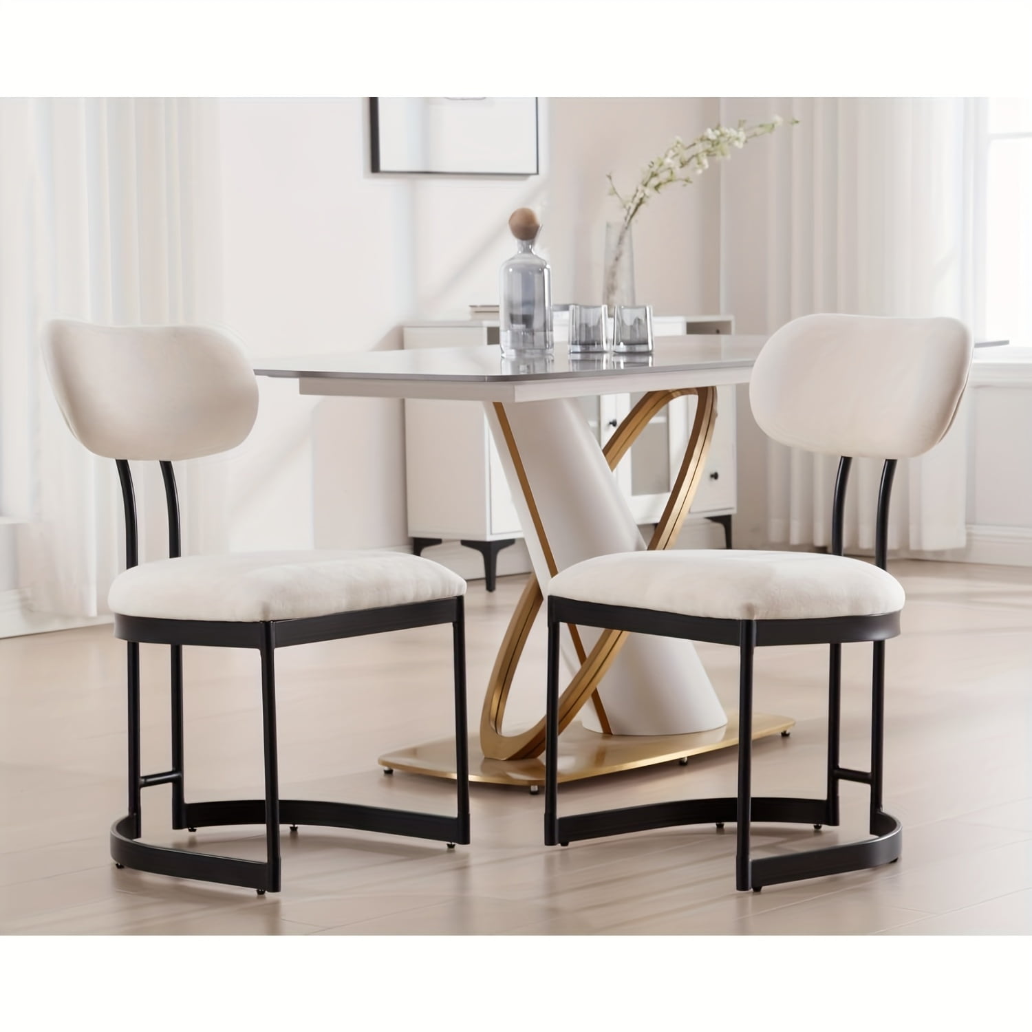 2pcs Modern Dining Chairs, White Sponge Upholstered with Golden Legs ...