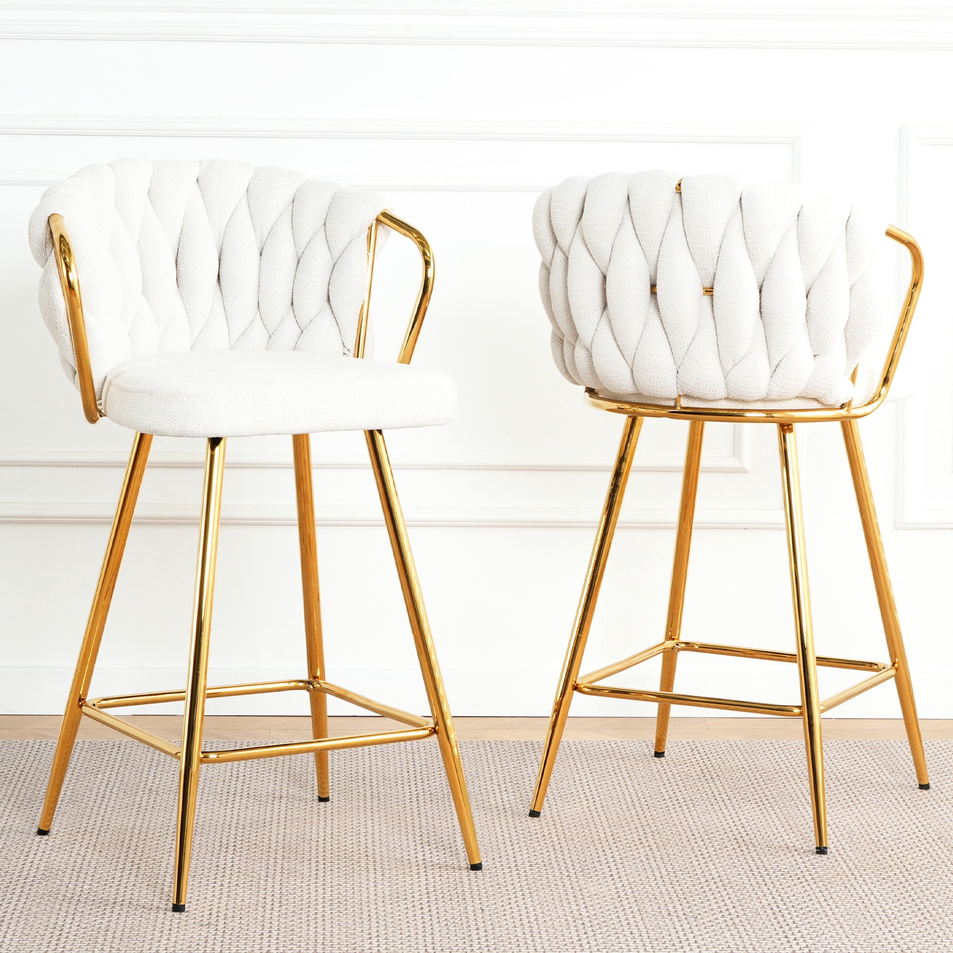 2pcs Modern High Stool, Gold Legs, White Linen Bar Chair For Kitchen ...
