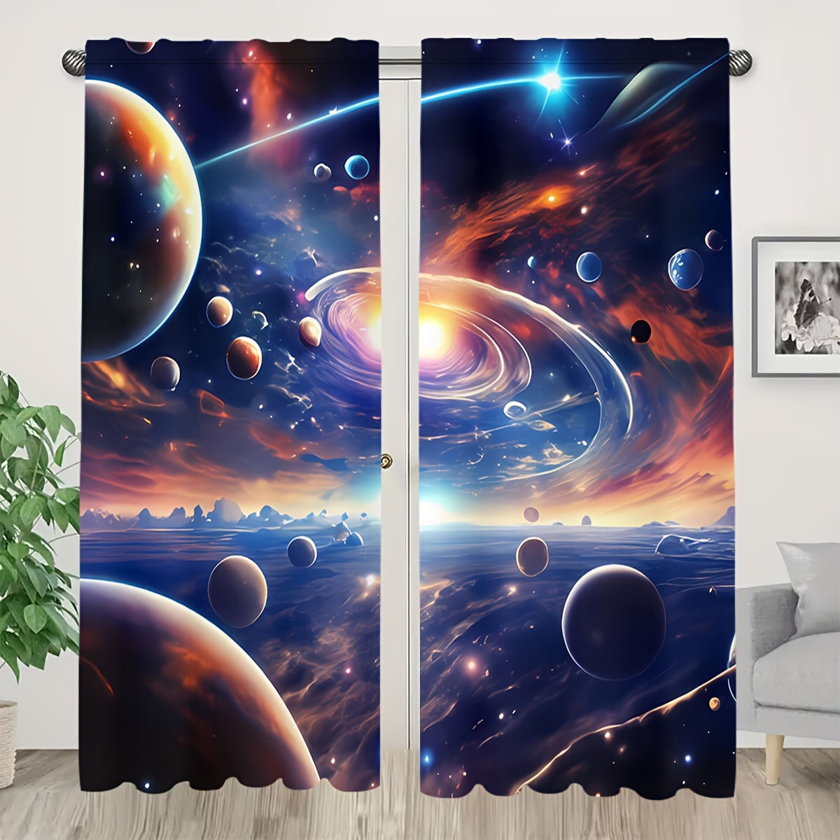 2pcs Modern Living Room Bedroom r Curtain Space Starry Planet Pattern ...
