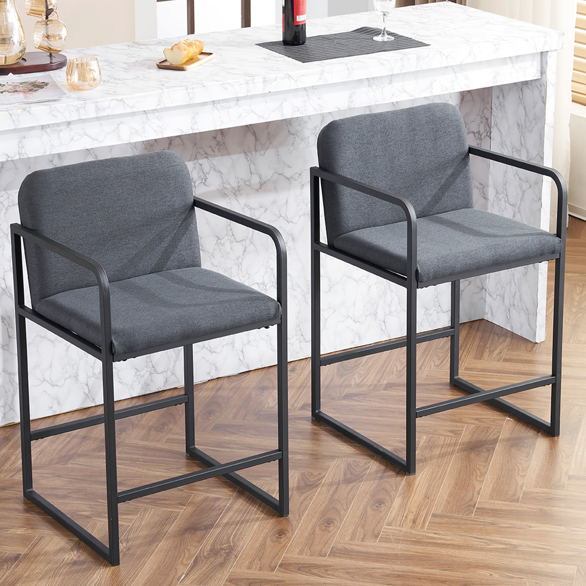 2pcs Modern Upholstered Counter Height Bar Stools, Dark Gray. Strong ...