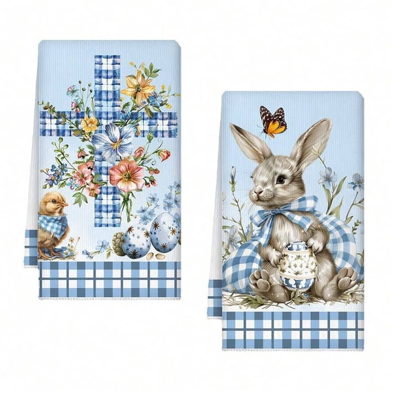 2pcs Multicolor 19 Easter Kitchen Dish Towels With Blue Gingham Cross ...
