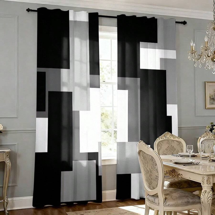 2pcs Multicolor 3 Geometric Block Pattern Semi-Sheer Curtain Set, Rod ...