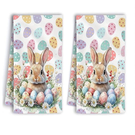 2pcs Multicolor 9 Easter Bunny Dish Towels With Pastel Eggs & Floral ...