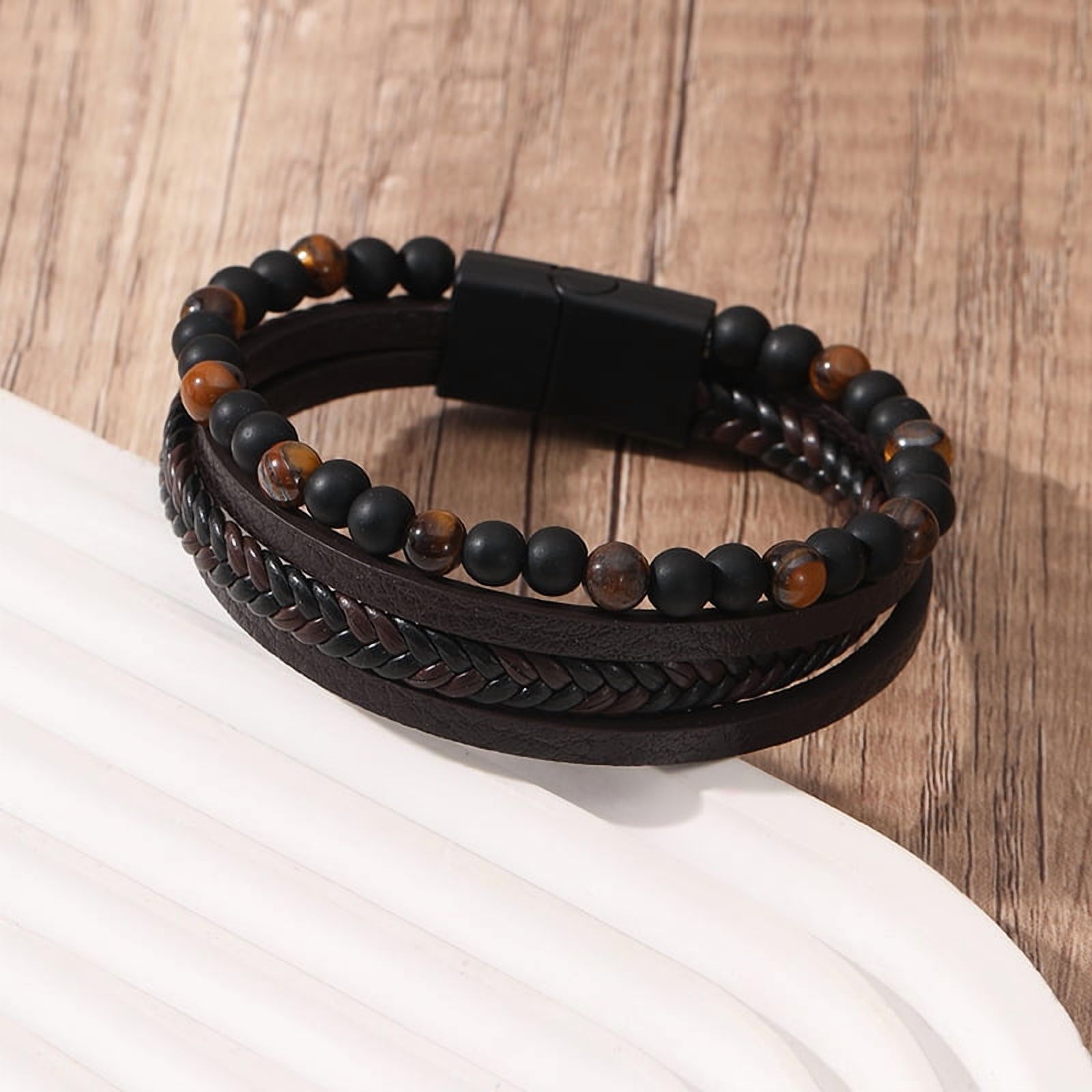 2pcs Natural Tiger Eye Beaded Bracelets Multi-strand Imitation Leather ...