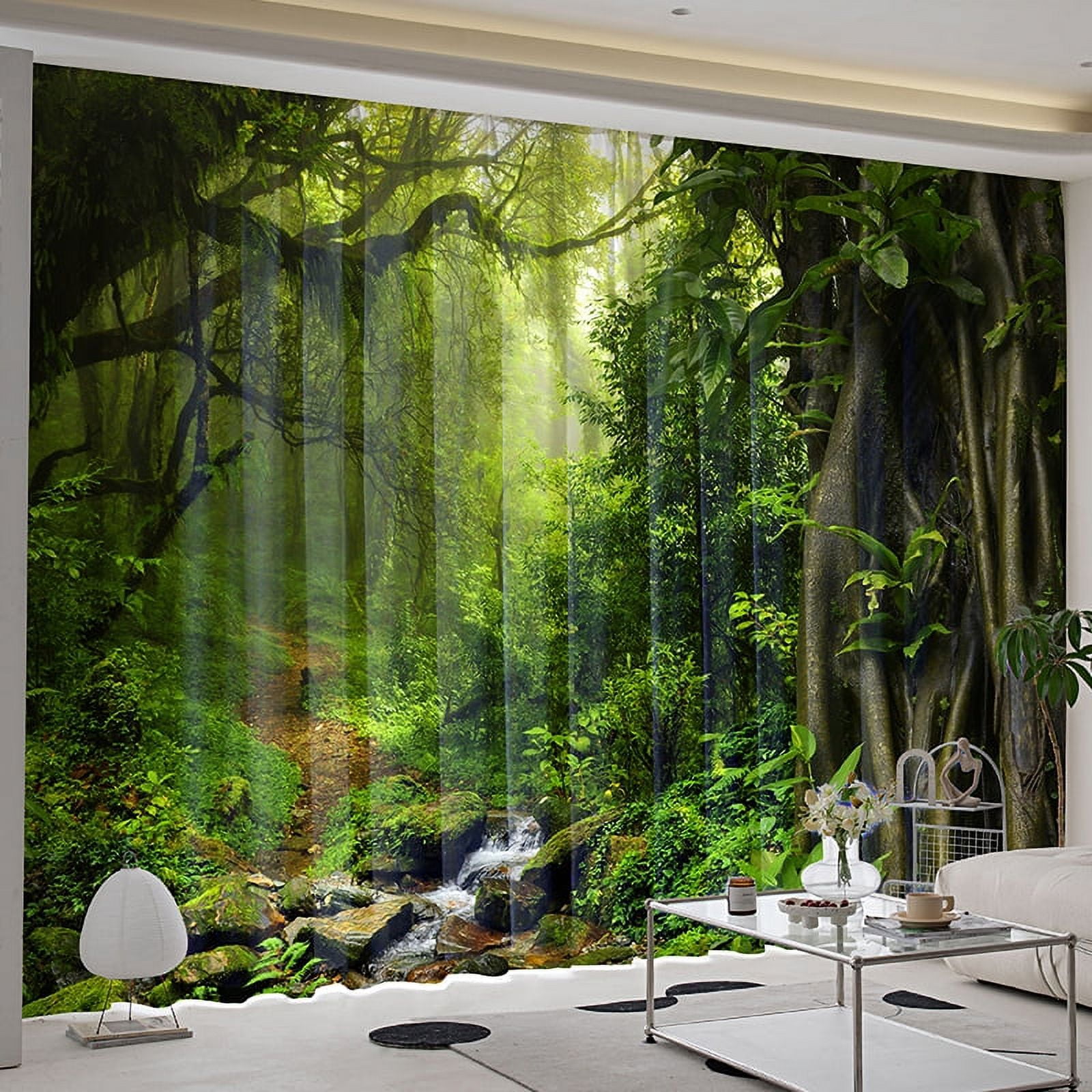 2pcs Nature Forest Tree Waterfall Landscape Kid Curtain Window Treatment for Bedroom Office ...