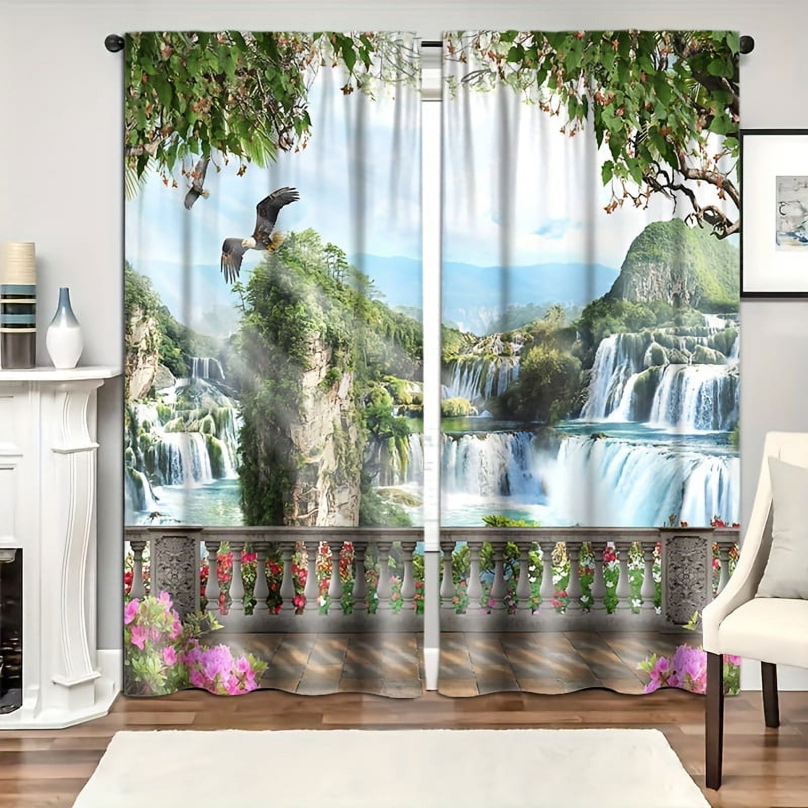 2pcs Nature Landscape Waterfall Crane Printed Curtains Grommet Top ...