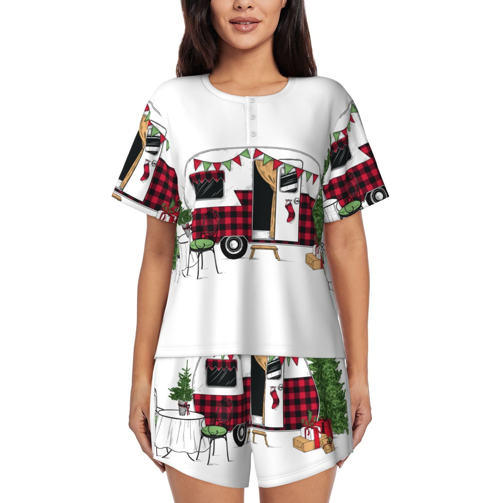 Kuilepa Vintage Buffalo Plaid Christmas Camper Print Women's Pajamas ...