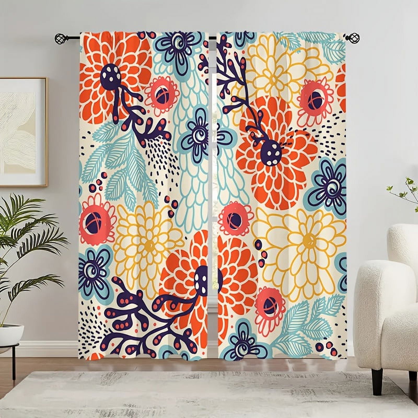 2pcs Oil Painting Flower Pattern Curtains rative Rod Pocket Window ...