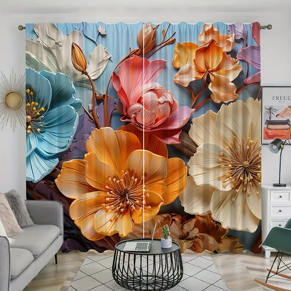 2pcs Oil Painting Flower Pattern Curtains rative Rod Pocket Window ...