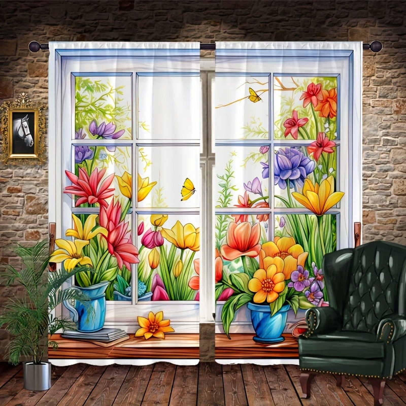 2pcs Oil Painting Flower Pattern Curtains rative Rod Pocket Window ...