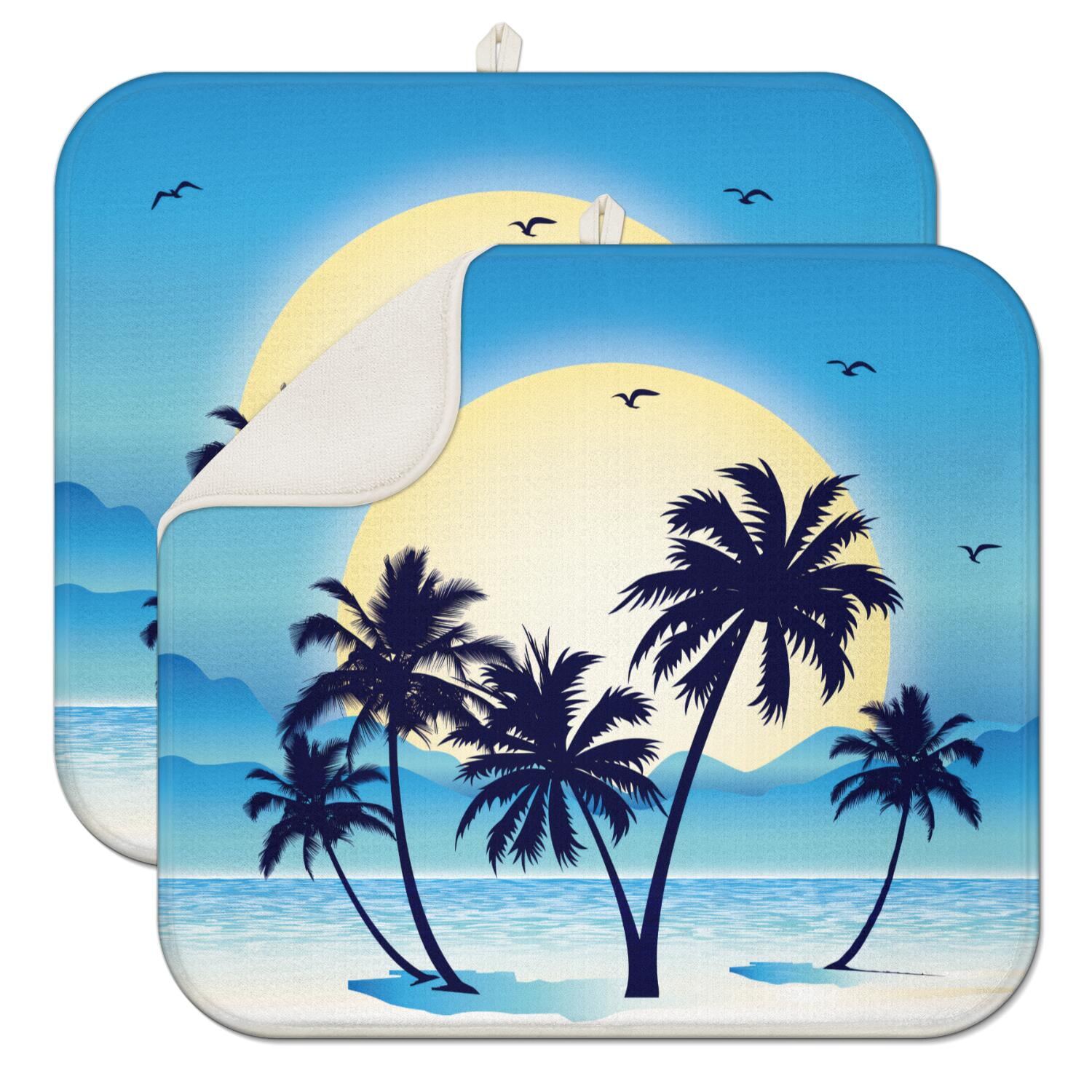 2pcs Orange Sunset Tropical Palm Trees Kitchen Mat, Vibrant Beach ...
