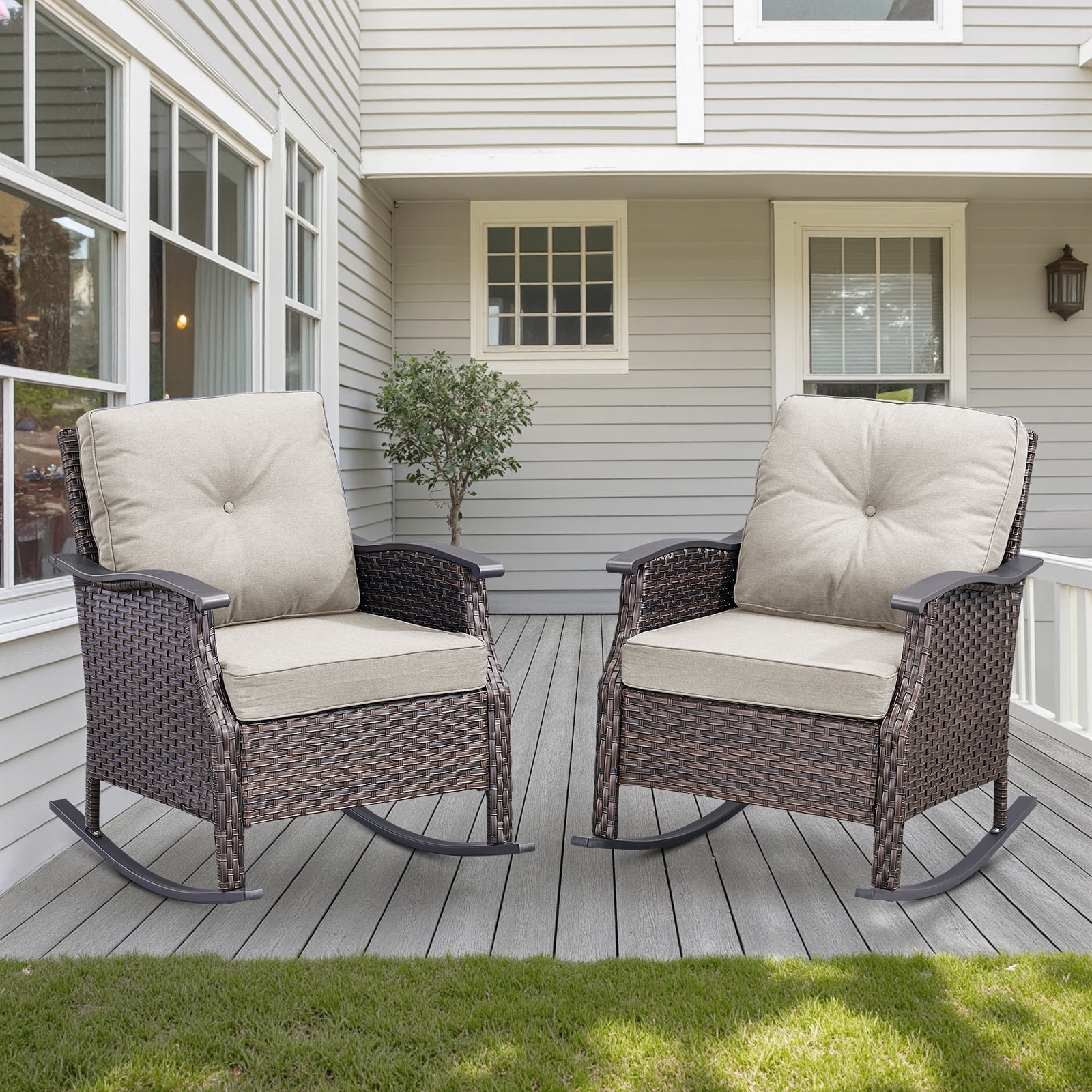 2pcs Outdoor Wicker Rocking Chair - Garden Patio Yard Porch Lawn ...