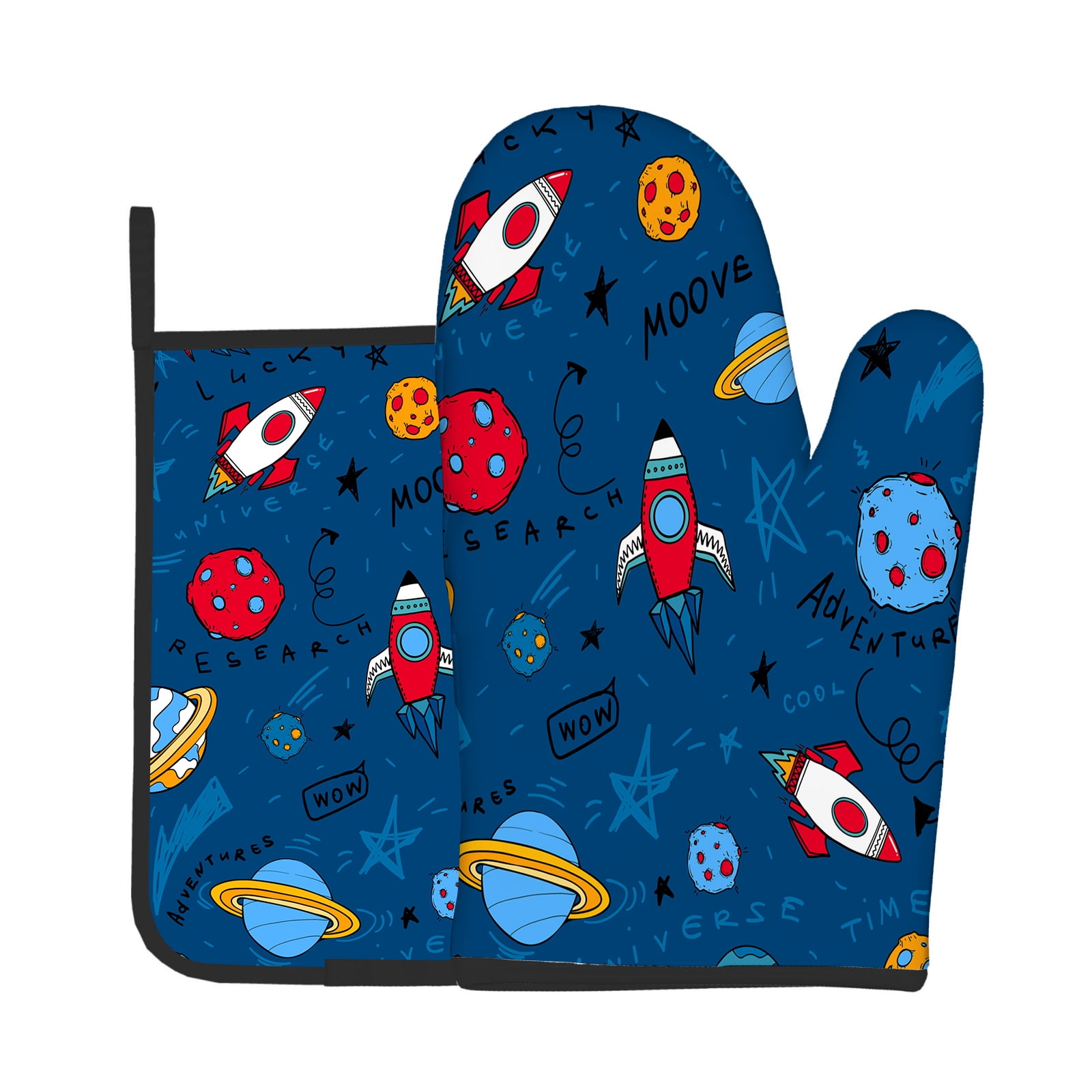 2pcs Oven Mitts Pot Holders Cartoon Space Doodle Kitchen Heat Resistant ...