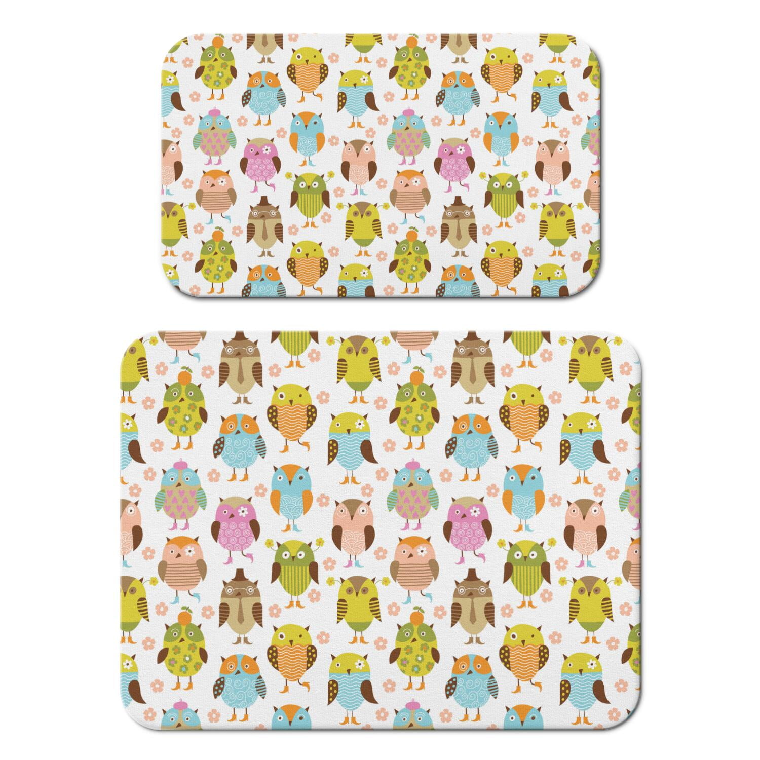 2pcs Owl Print Coffee Maker Mat Set - Absorbent Non-Slip Cartoon Hand-Drawn Big Eyes Owl Mats ...
