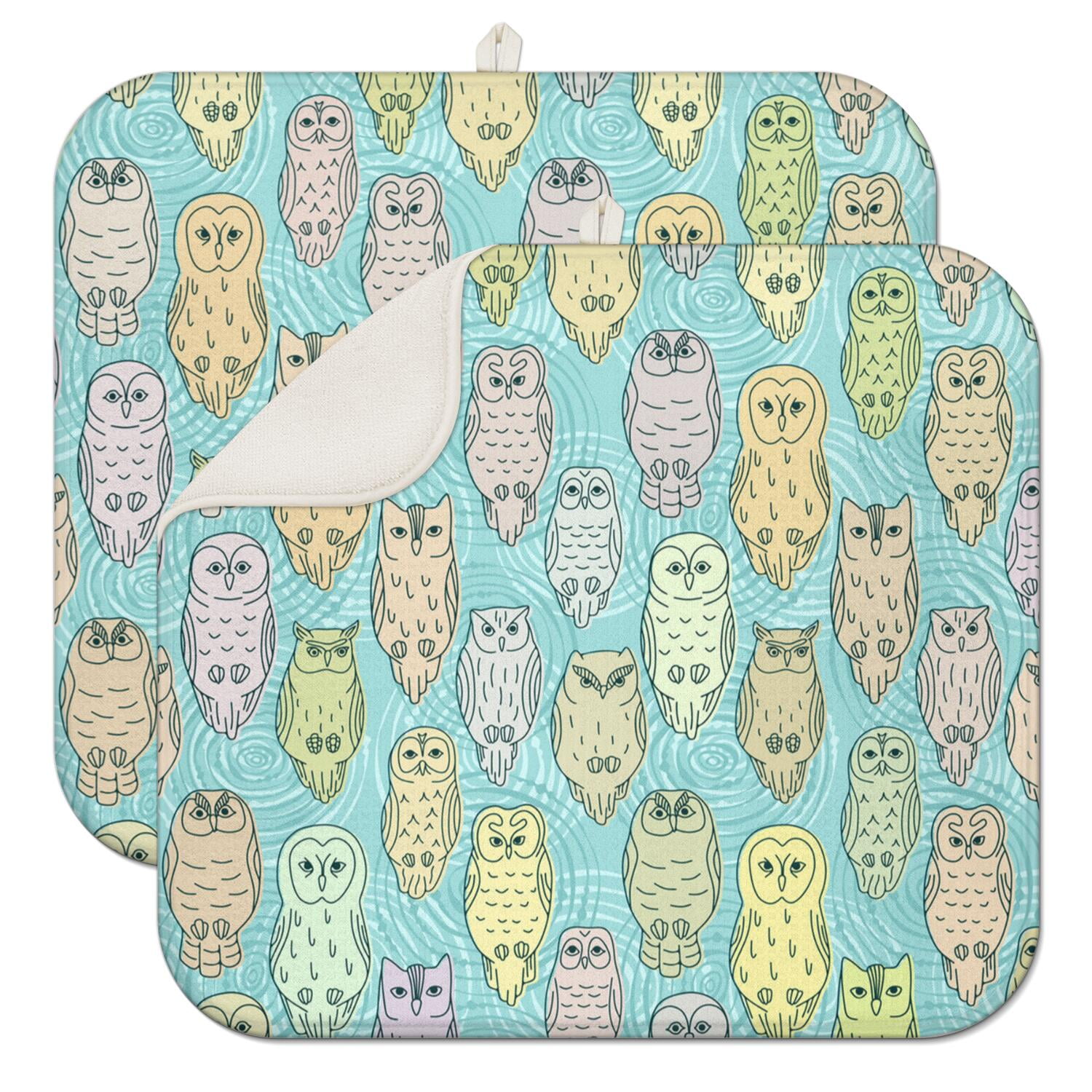 2pcs Owl Print Dish Drying Mat for Kitchen Counter Cartoon Hand-drawn ...