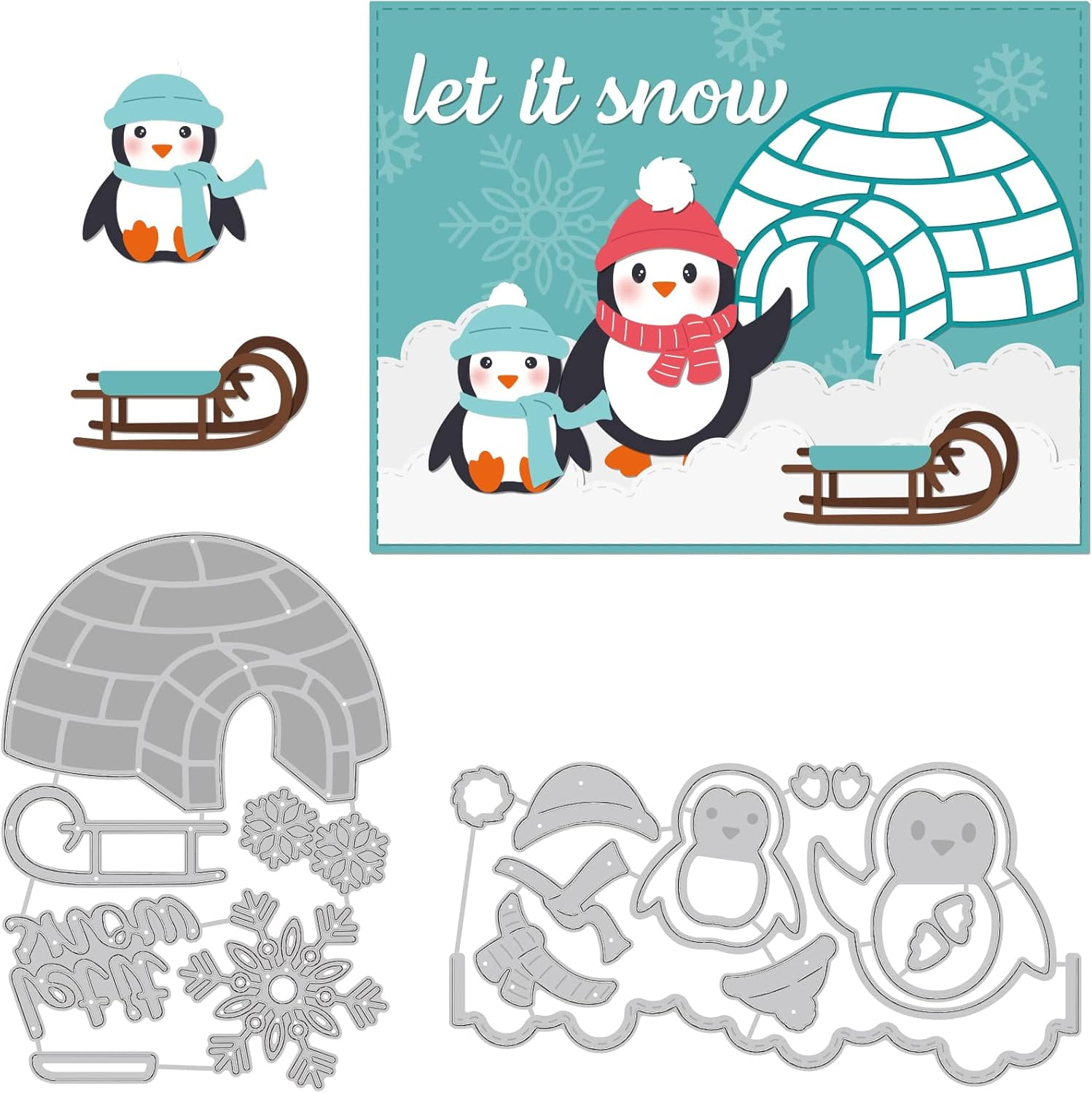 2pcs Penguin Igloo Cutting Dies Let it Snow Words Craft Carbon Steel ...