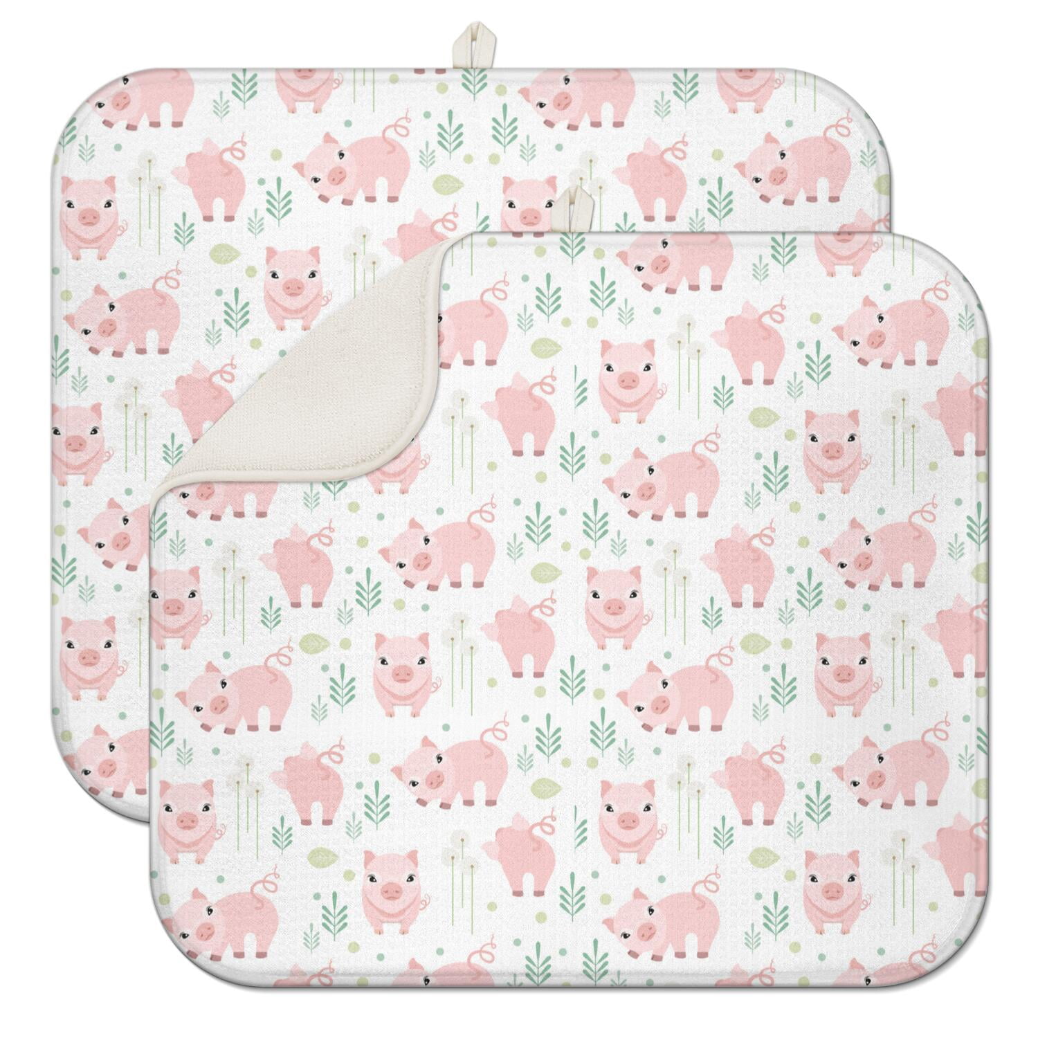 2pcs Pig Themed Dish Drying Mat, Watercolor Pig Artwork Absorbent ...