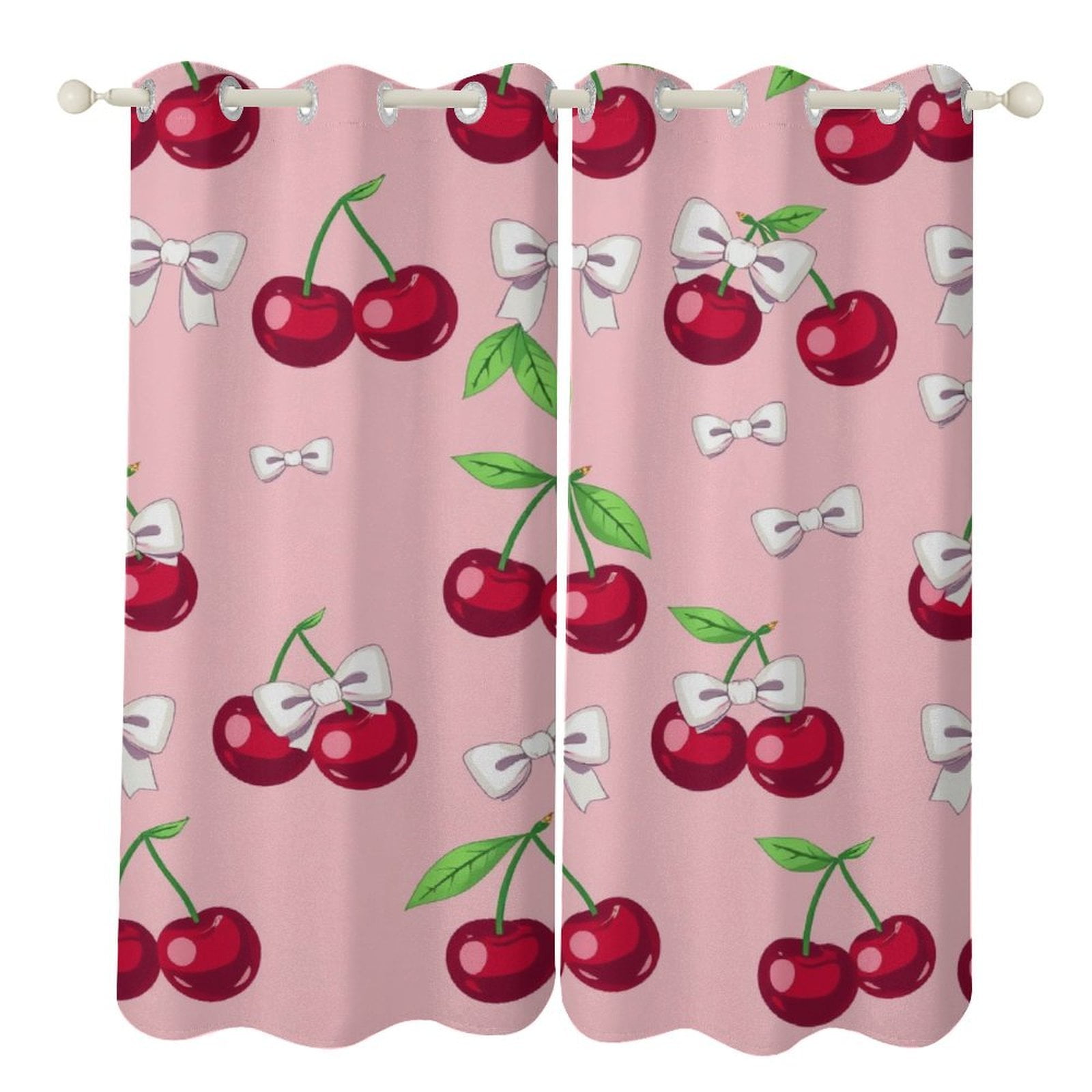 2pcs Pink Cherry Pattern Curtains For Living Room Grommet Top Window ...