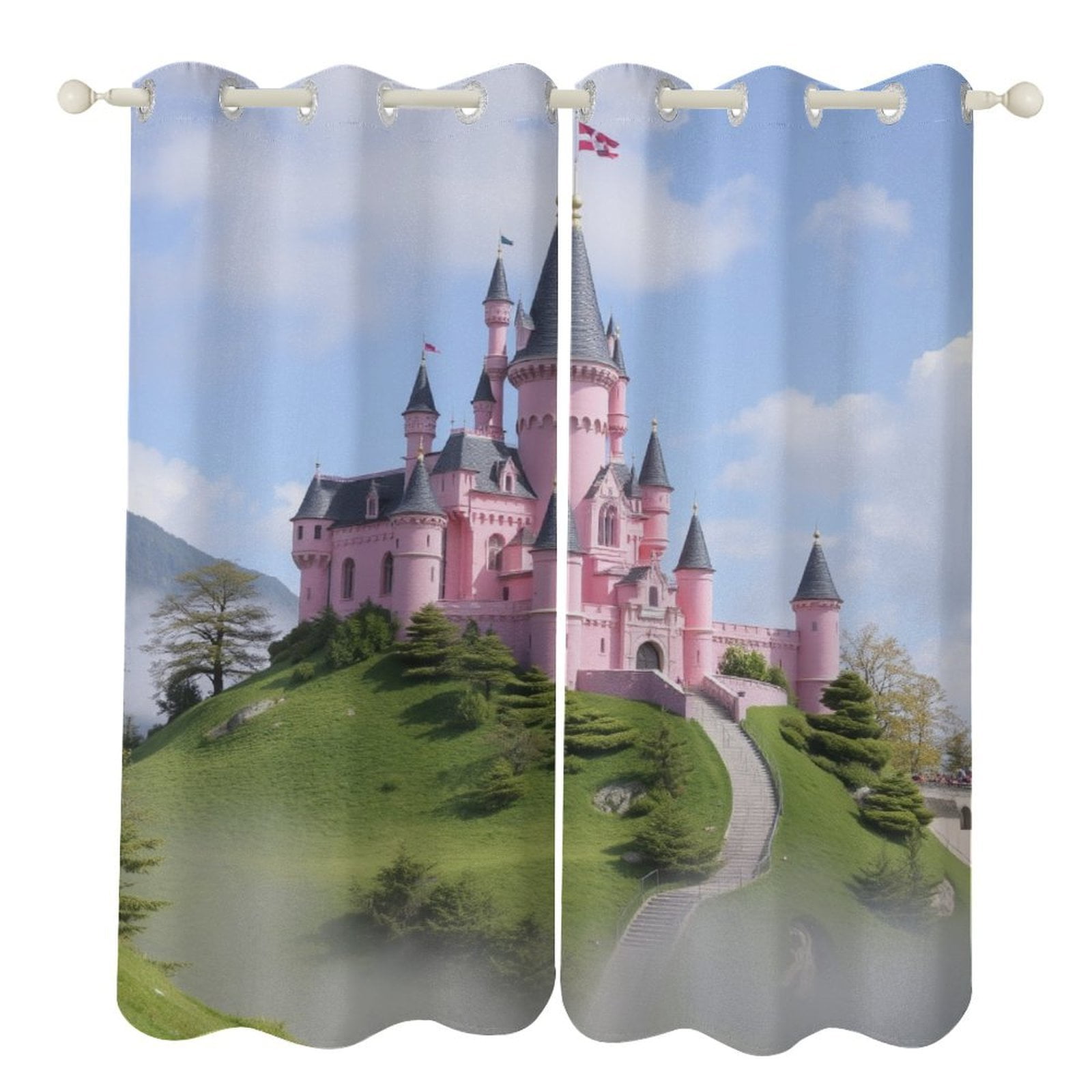 2pcs Pink Fairytale Castle Curtains For Living Room Grommet Top Window ...