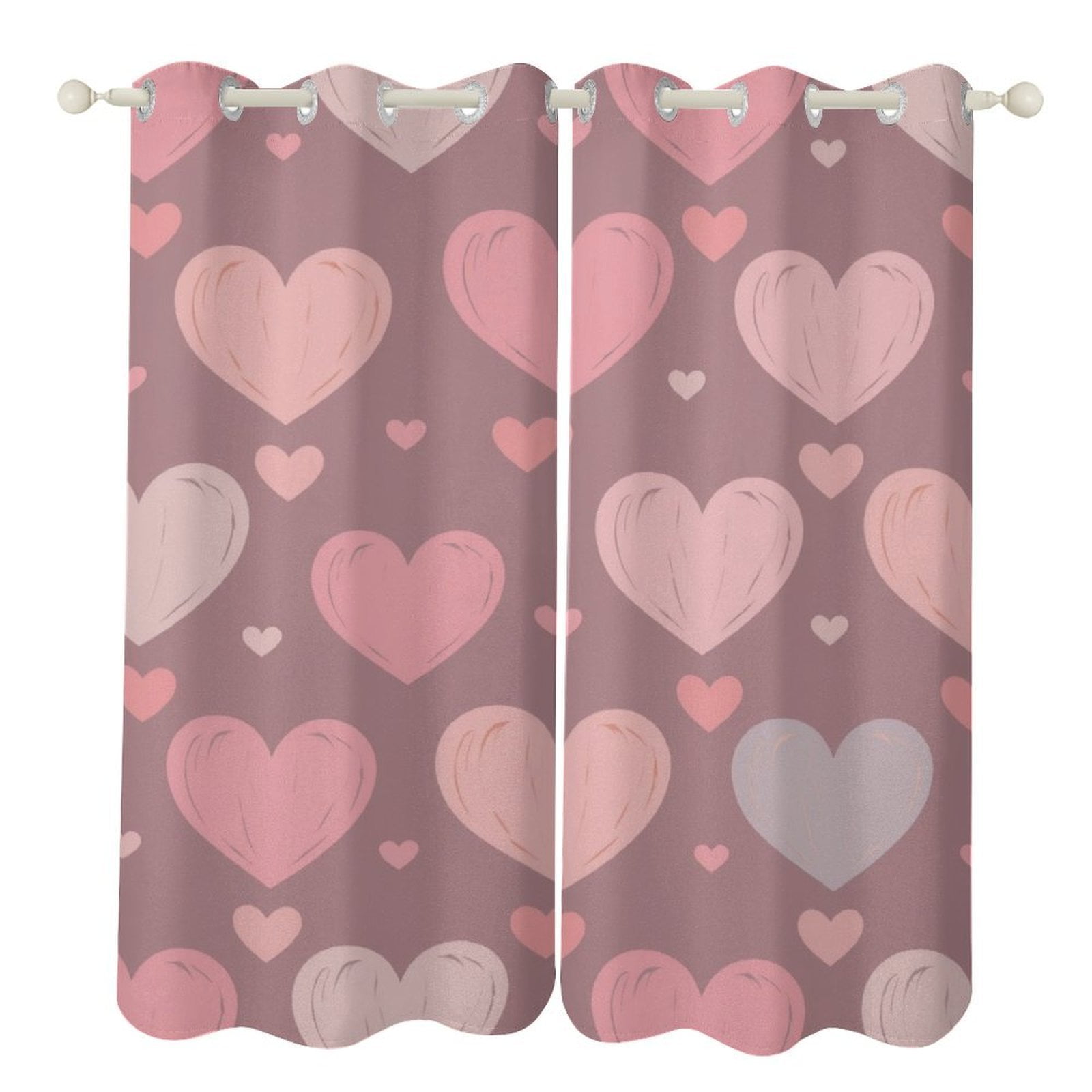 2pcs Pink Heart Pattern Background Curtains For Living Room Grommet Top ...