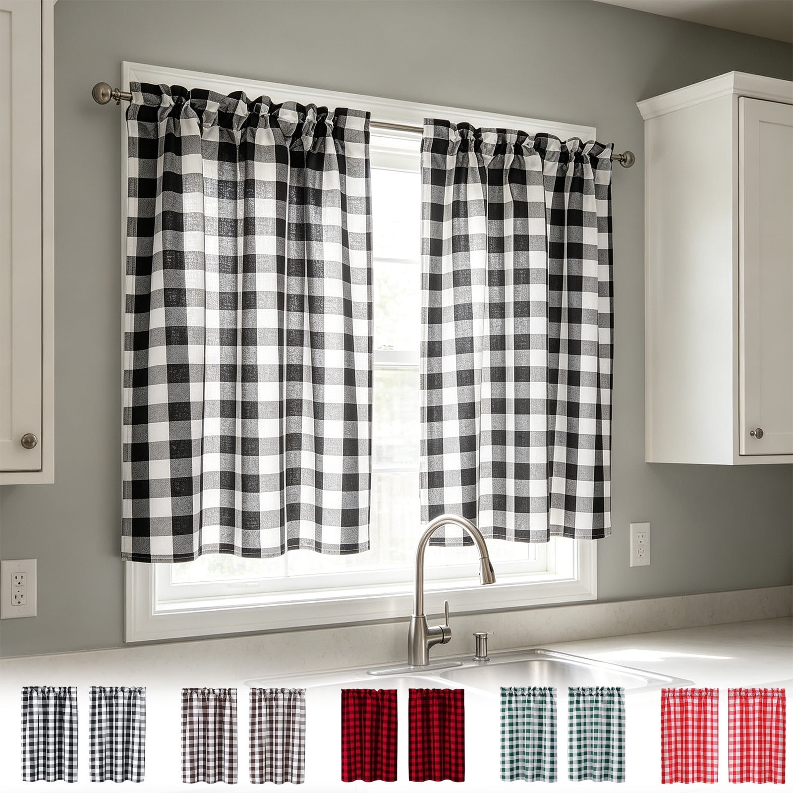2pcs Plaid Print Nylon Short Curtains, Semi Sheer Window Drapes, Heat ...